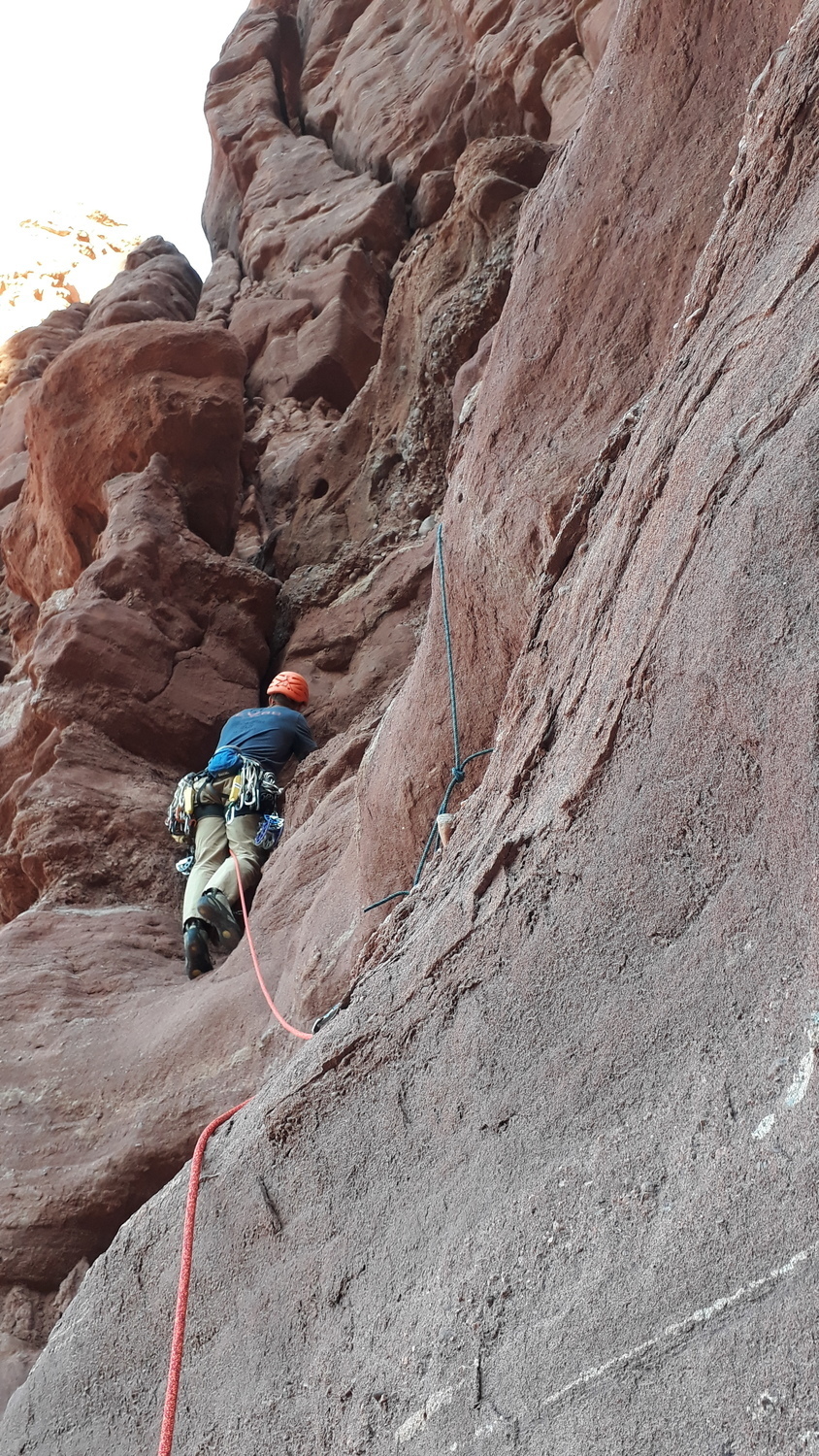 Glen on the first pitch off the big sandy ledge. You can see the ...
