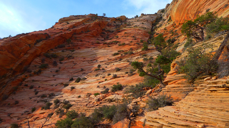The climb out of the v-notch, slab and gully (right) variations visible.