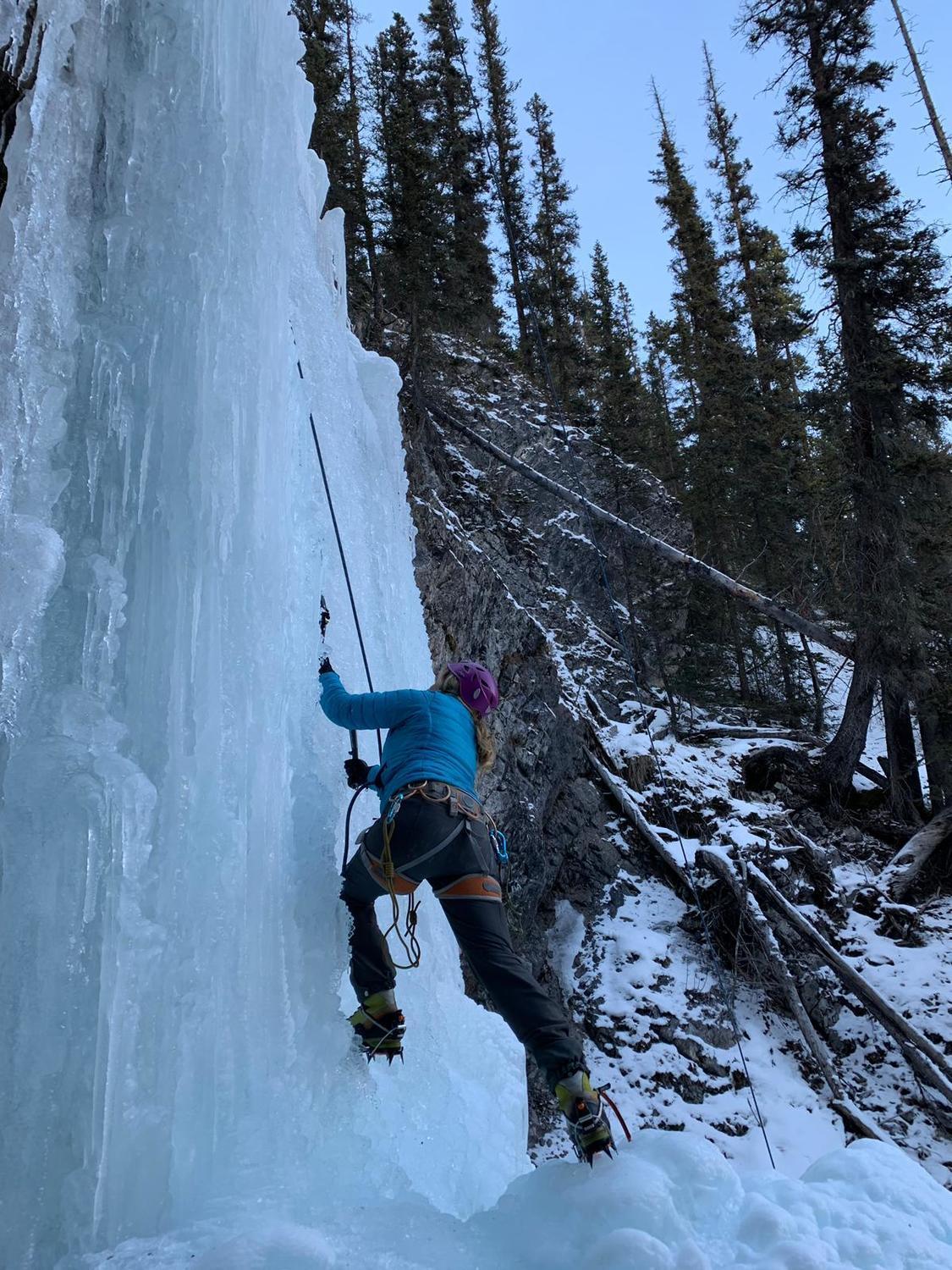 Stepping off the big cone at the base of the route.