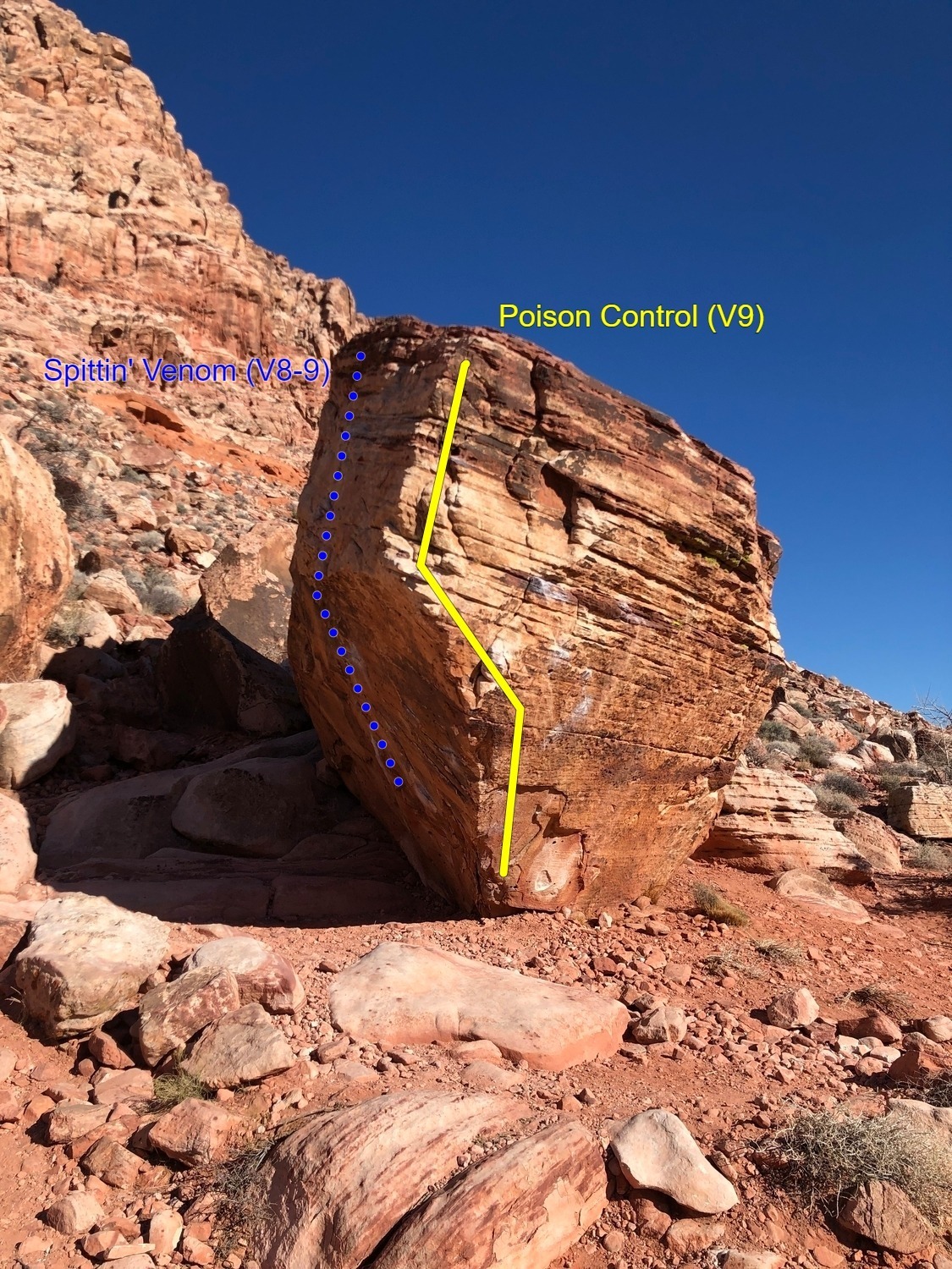 Facing the Venom boulder head-on. Trail is a bit to the left.