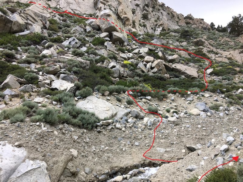 Continue past the huge boulder on the other side of the drainage, or ...