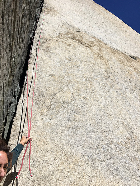 Ends of an 80-meter rope on Pratt's Crack.