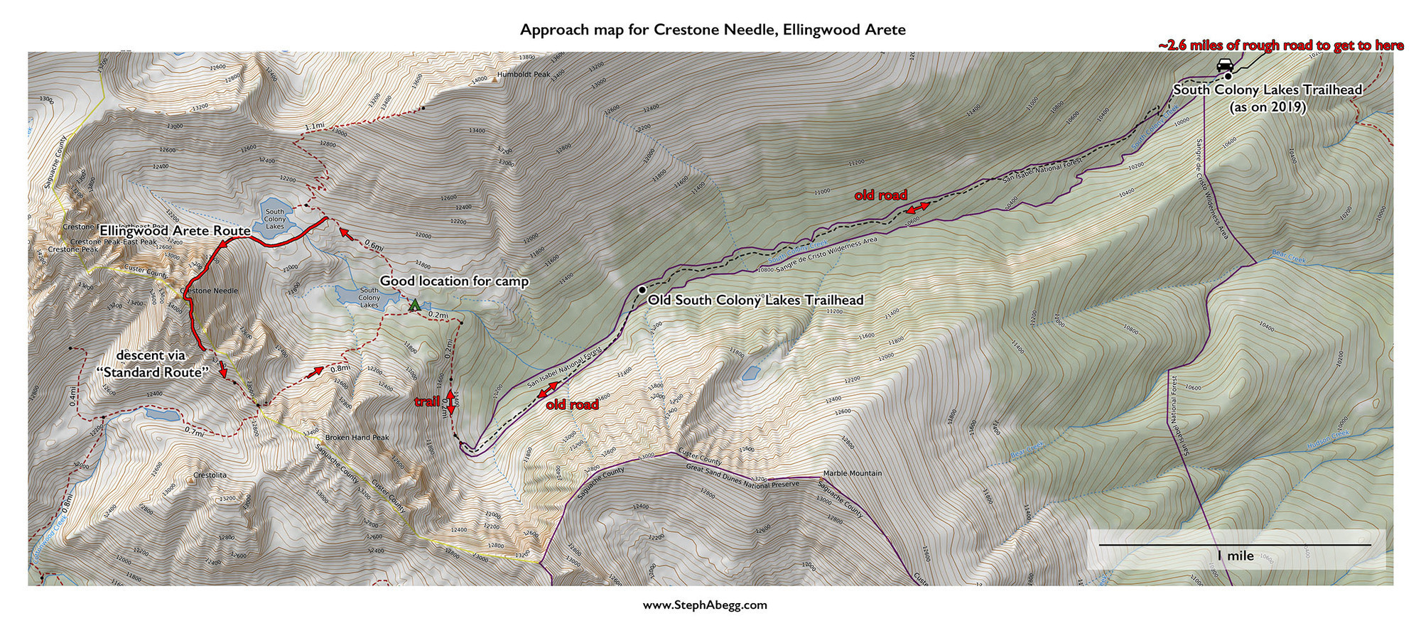 Crestone Needle approach map.