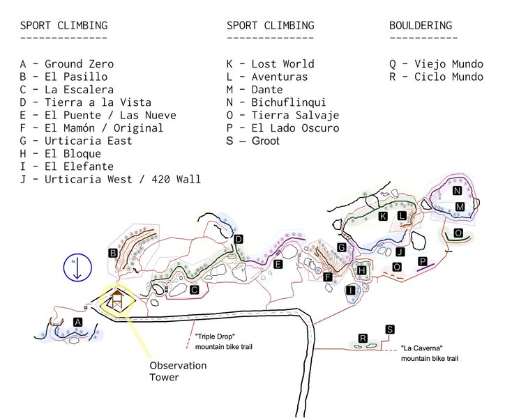 Map of the sectors and access trails, relative to the main road that ...