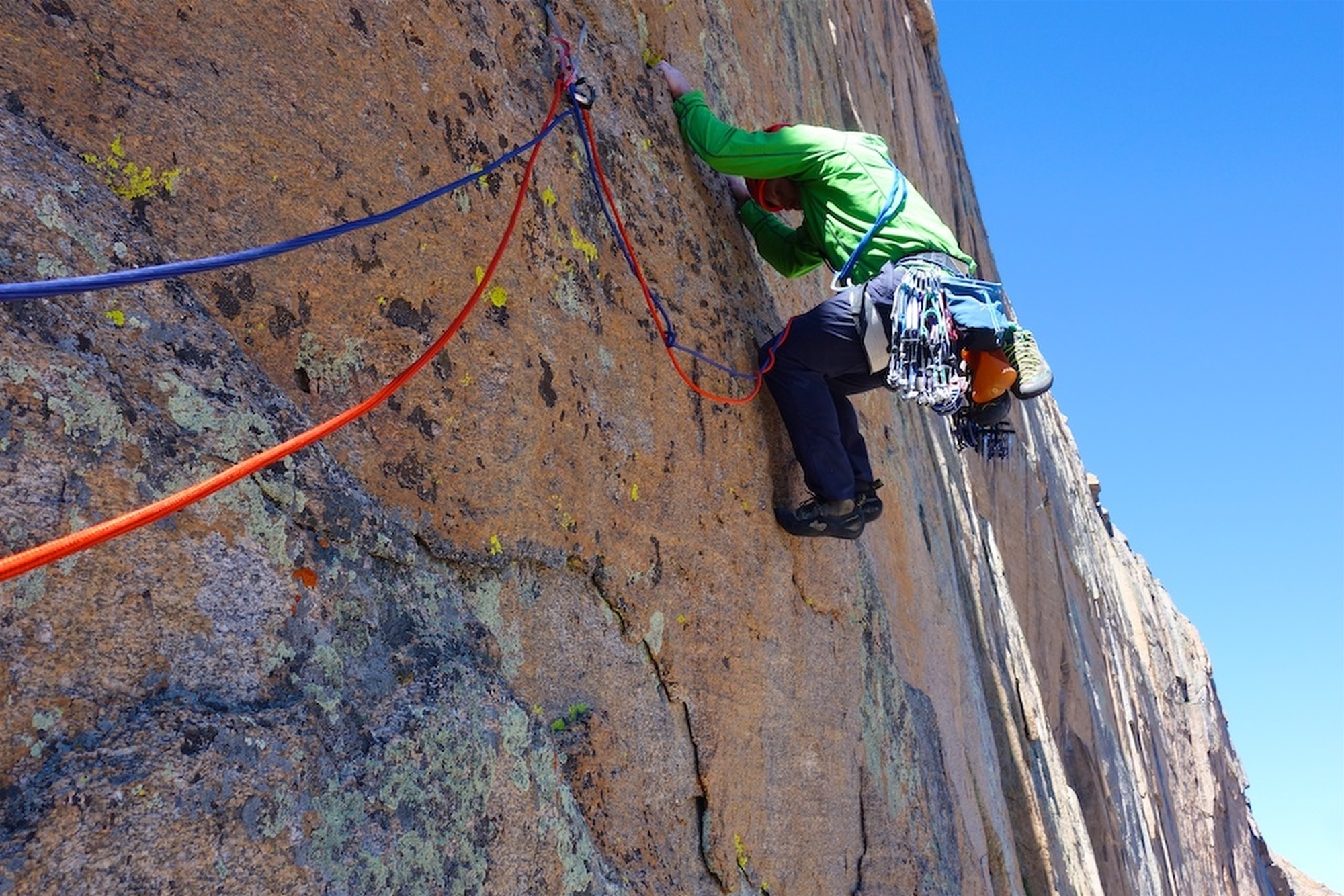 Hand traverse at the end of pitch 4. This gets you to the belay at the ...