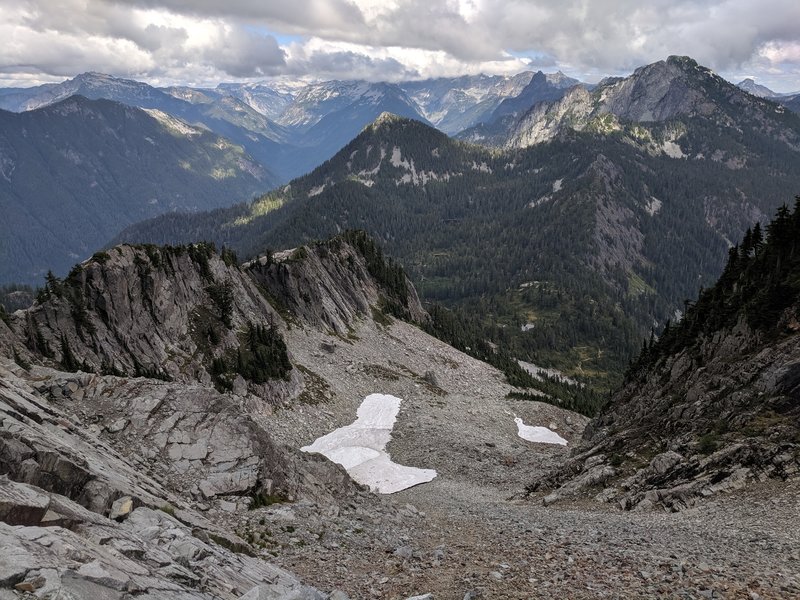Approach to "grassy gully" (as seen from the descent)