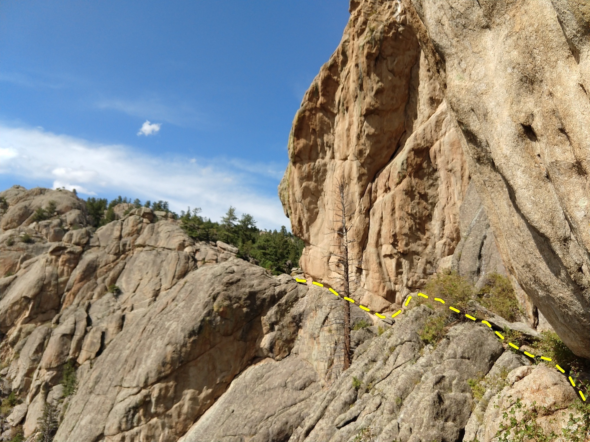 A view of the ledge approach from the base of the Wolf's Tooth at the ...