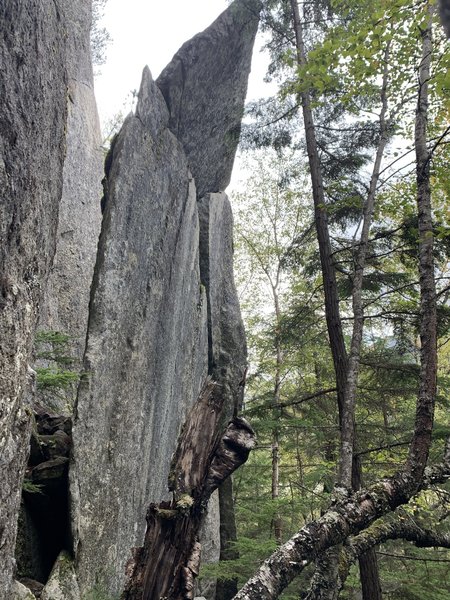 The route heads up this separated 'sharks fin' formation