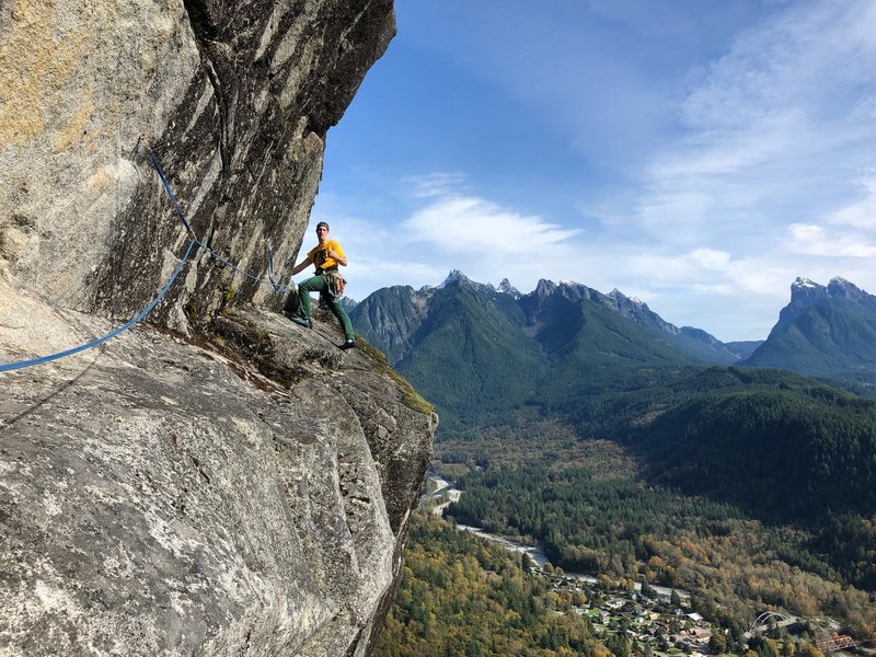 Bolted final pitch traverse to the stellar arete.