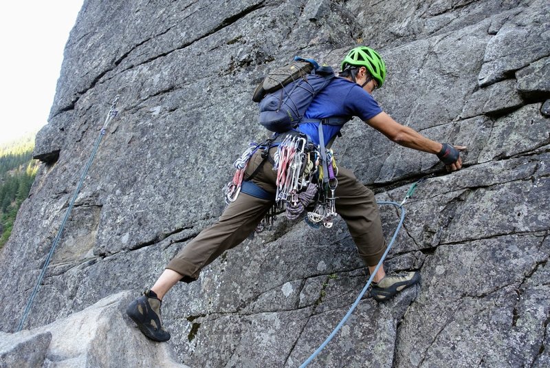 Stepping off the Jello Tower to start pitch 2 of Midway. Photo by JH.