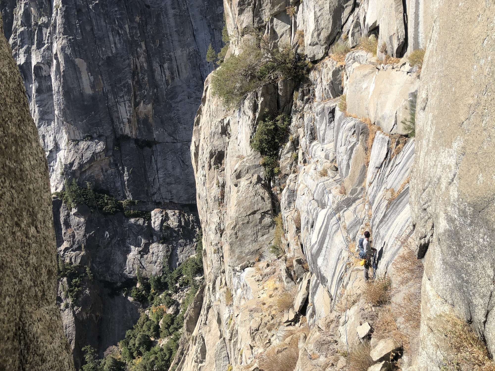 Looking back at the approach ledges from the start of the climb