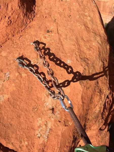 Rap anchor on east side of spire. I added a quick link to extend it a ...