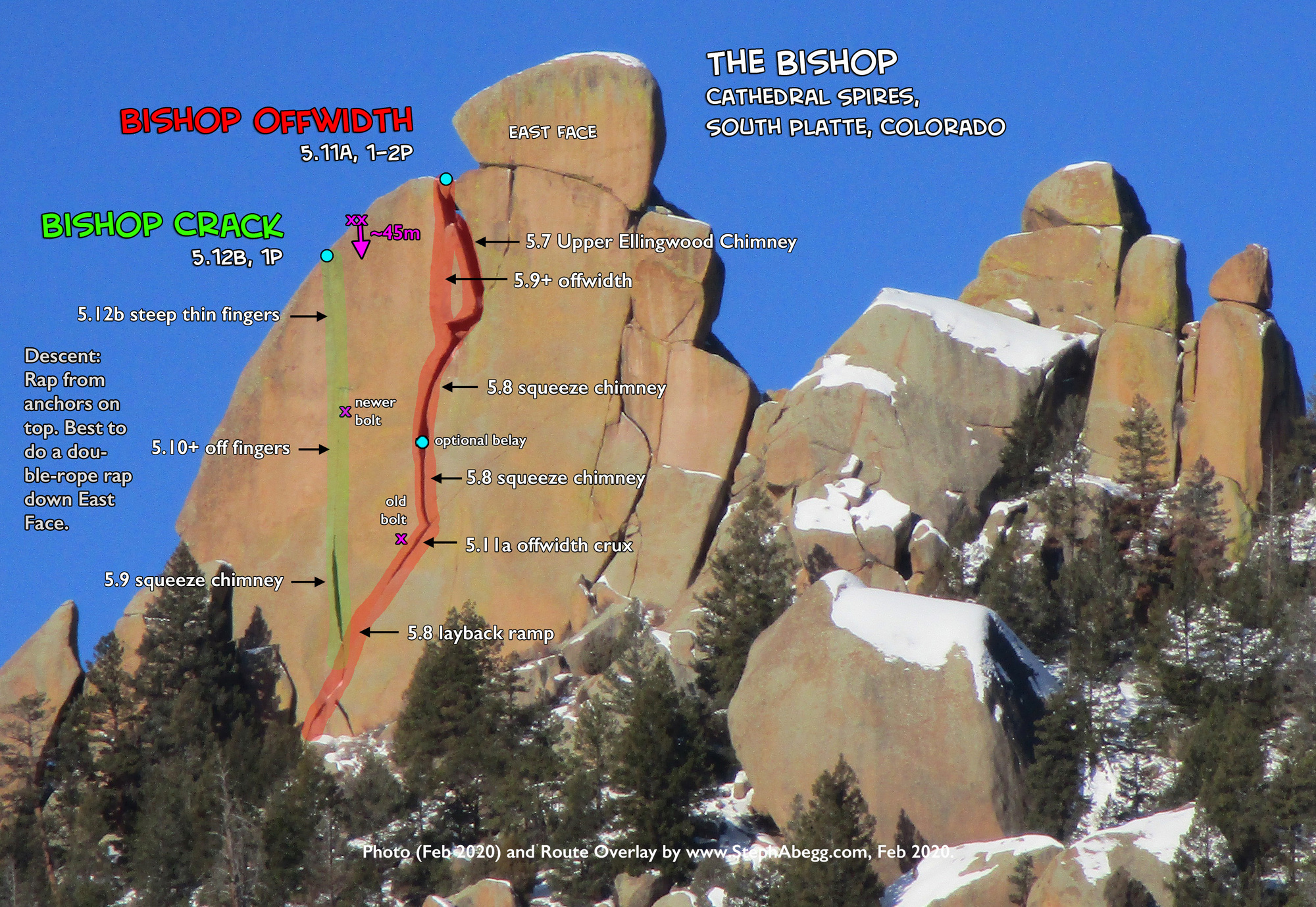 A route overlay of Bishop Crack and Bishop Offwidth.