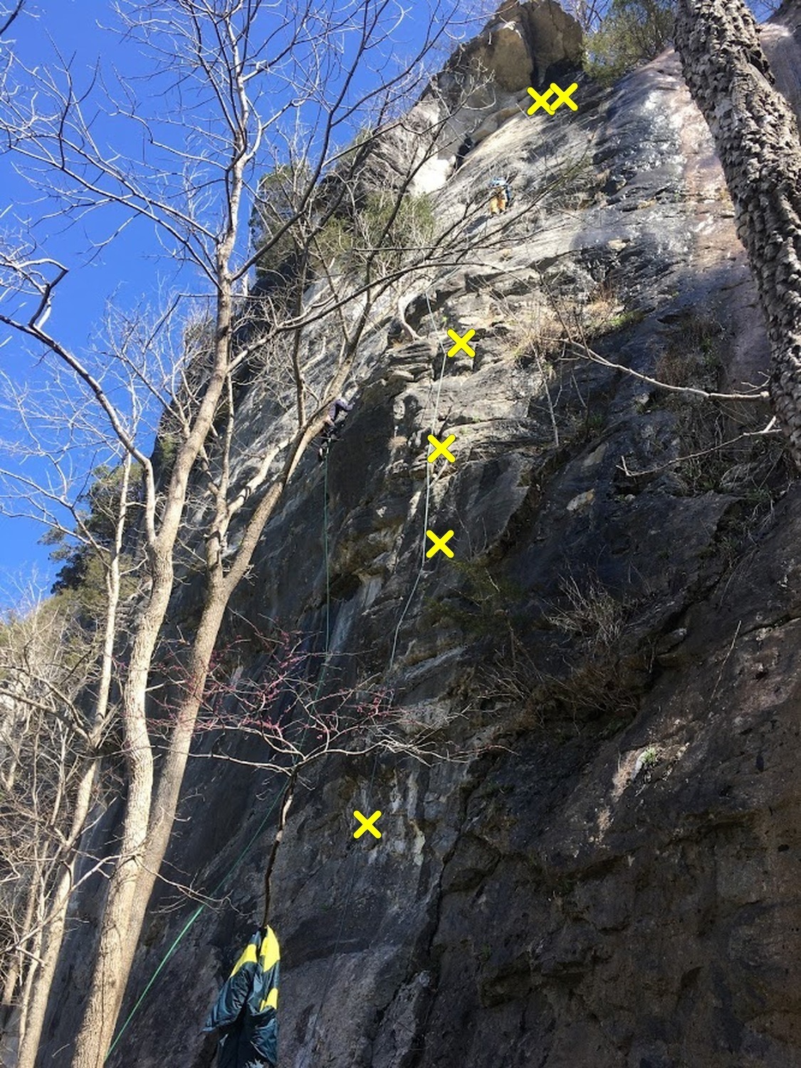 Trends right of the bulge and ends on a slabby face just below the roof ...