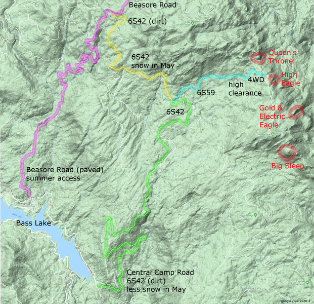 Shuteye Ridge road map - showing best access in May 2020