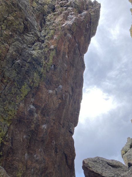 Against the grain with a view of the arete feature.