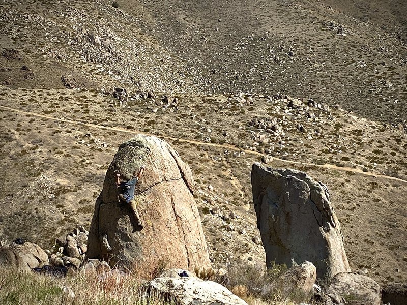 Climbing in Crack Thing Boulder, Northeast California