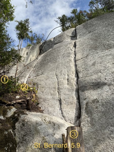 View from lower baseline ledge. 1. Stand pitch 2 of Calculus crack and ...