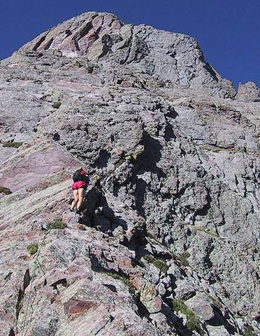 4th class climbing above the Red Tower. The complex final Headwall is ...