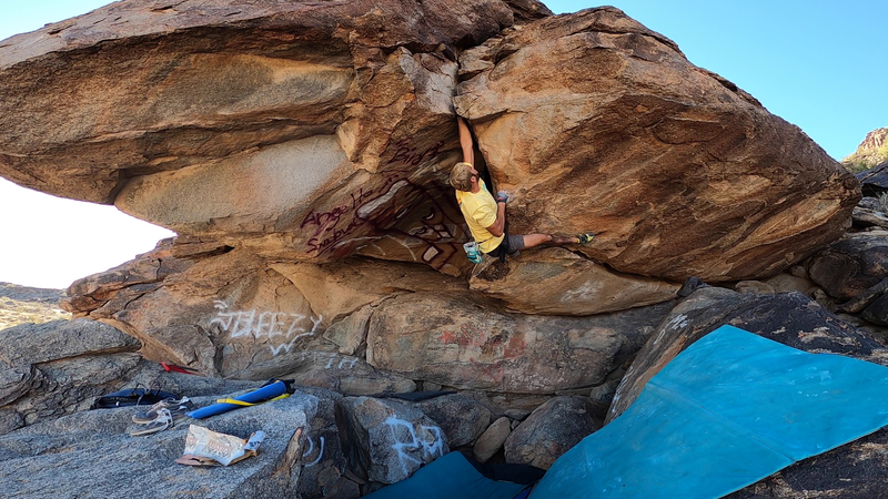 Crux reach. Either hand jam the crack, or grab the jug. Javi opted for ...