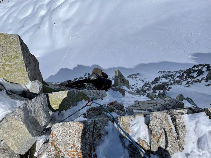 The crux moves in the upper ridge on the east side of the face, as ...