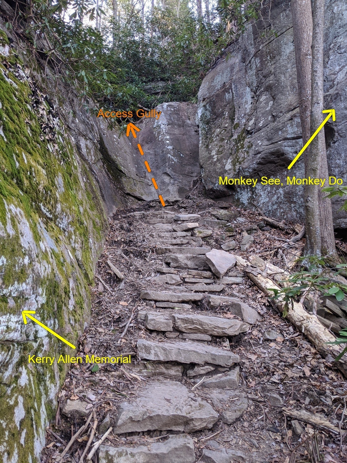Access gully at Bridge Buttress.