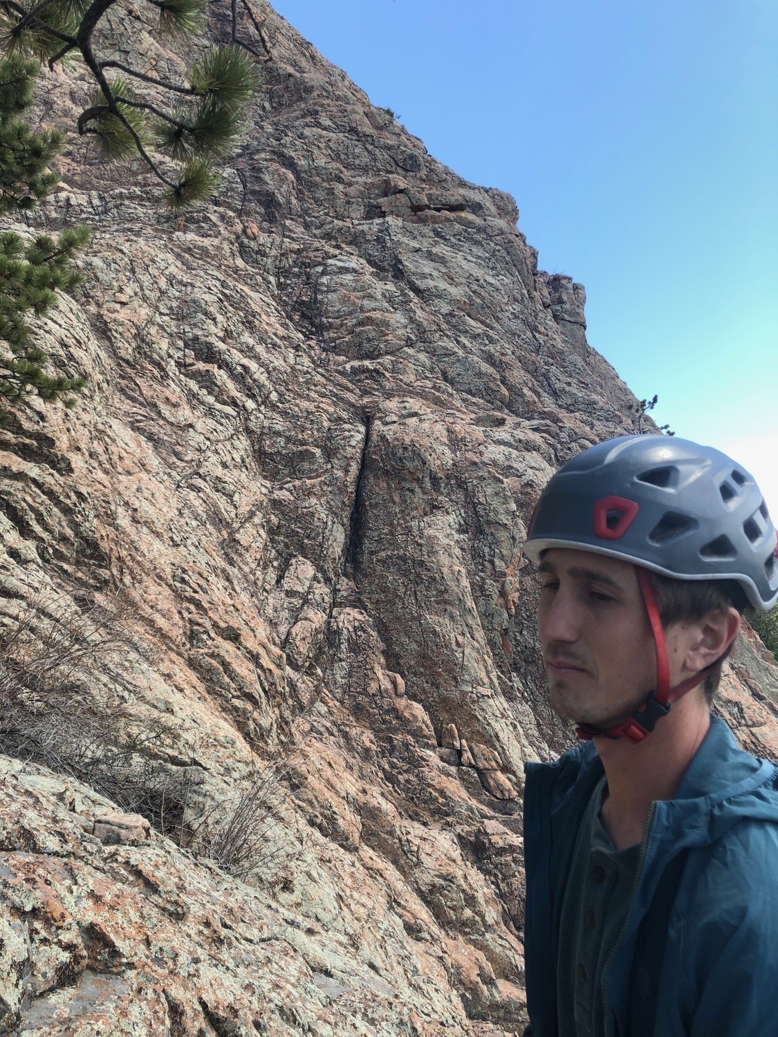 The top of the second pitch, chilling at the tree belay. The start of ...