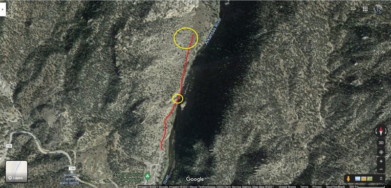 The red line is a trail from the last campsite. The first circle is ...