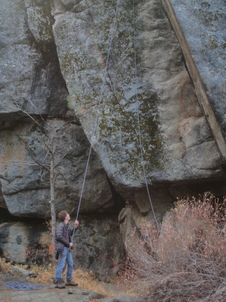 Cob pulling the rope down. The route is the underhanging crack on the ...