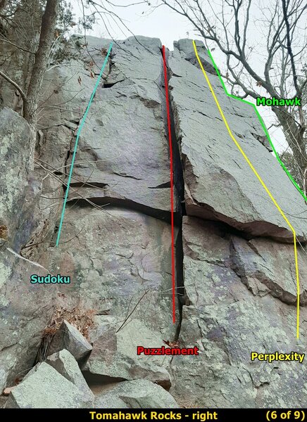 The right-most routes on the main wall of Tomahawk Rocks. A separate ...