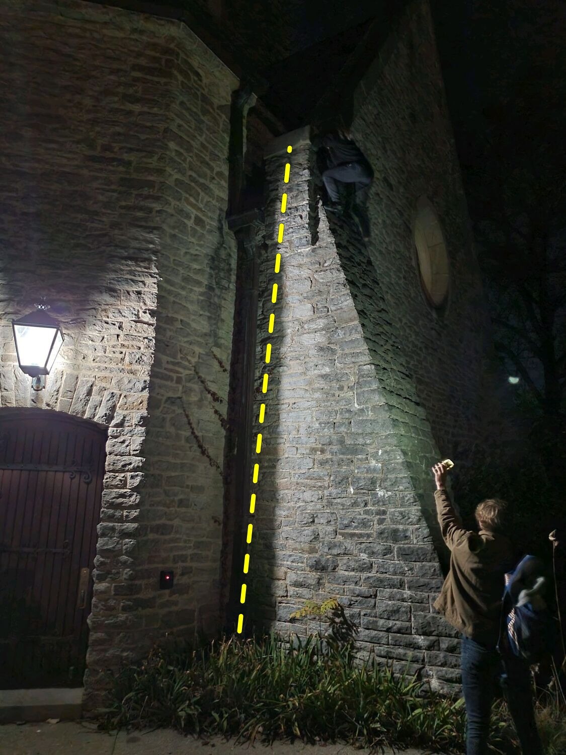 Down-climbing the slab part. The actual climb is the corner to the ...