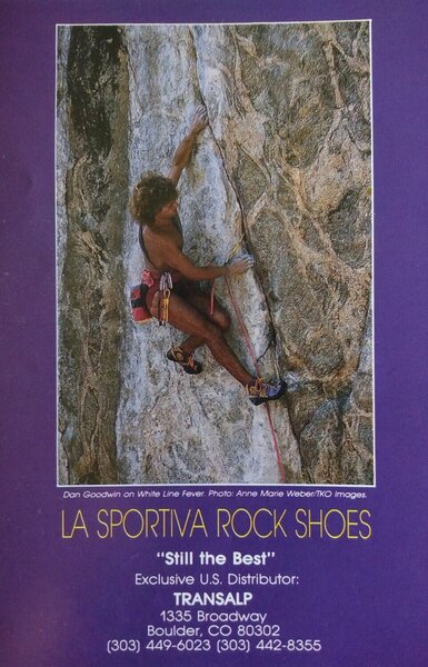 La Sportiva ad featuring Dan Goodwin on White Line Fever (5.11a) in ...