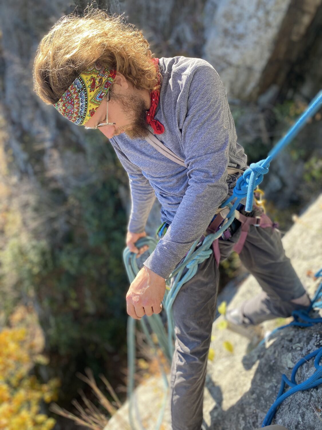 Jake at P1 Belay, about to bring up a third. Avoid touching the tree to ...