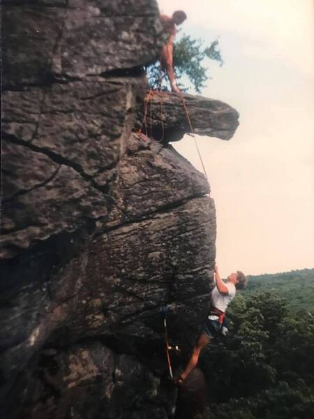 Clay Erickson working the crux on The Wizard, Joseph Healy belaying.