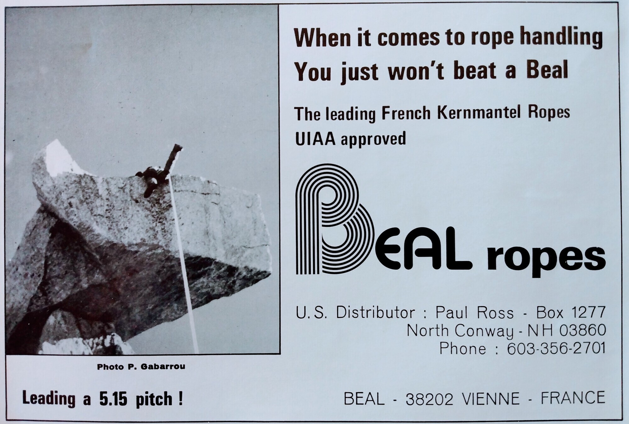 Leading a 5.15 pitch! Beal Ropes ad (1981)