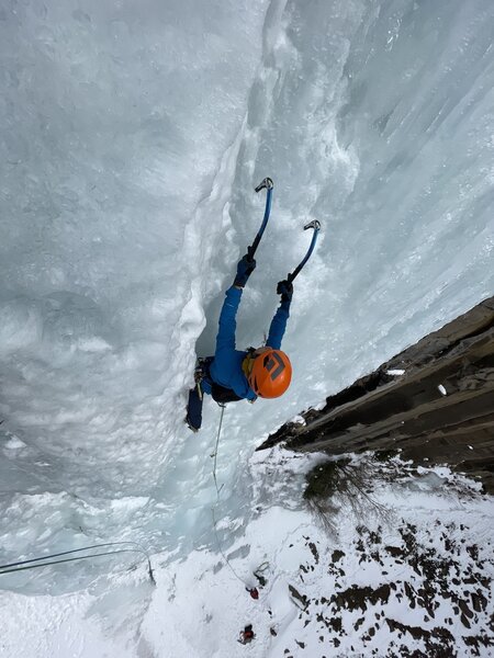 Climber coming up the steep side of Palisade falls