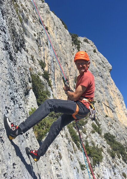 Mike Engle nearing the end of the first rappel of Rivière d'Argent ...