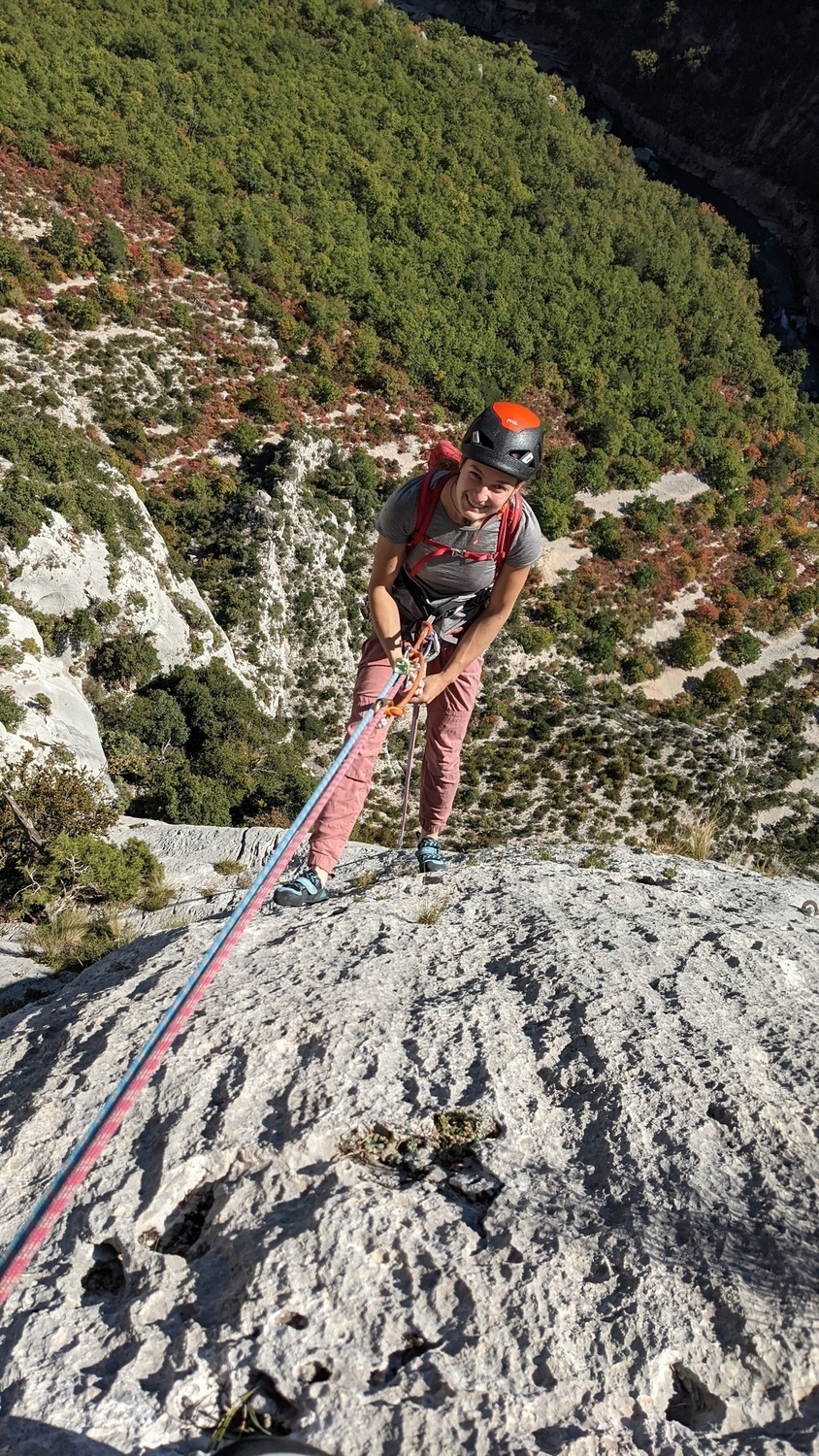 Kira Engle at the start of the 3rd rappel of Rivière d'Argent. Oct 2021
