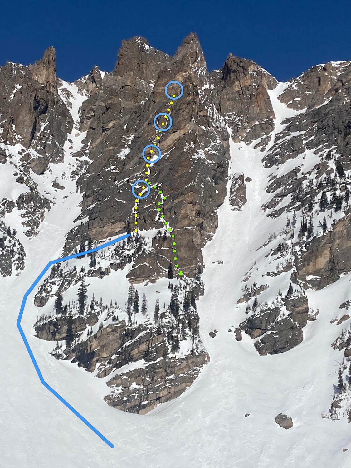 The blue line - approach to buttress. The yellow dots - the main route ...