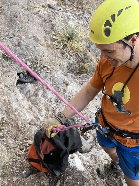 Lowering off the FA, this is what was left of the 70m rope. I later ...