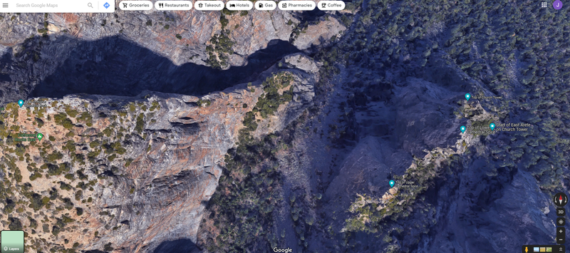 Google Maps satellite pic showing peaks of Upper/Lower Cathedral Spires ...