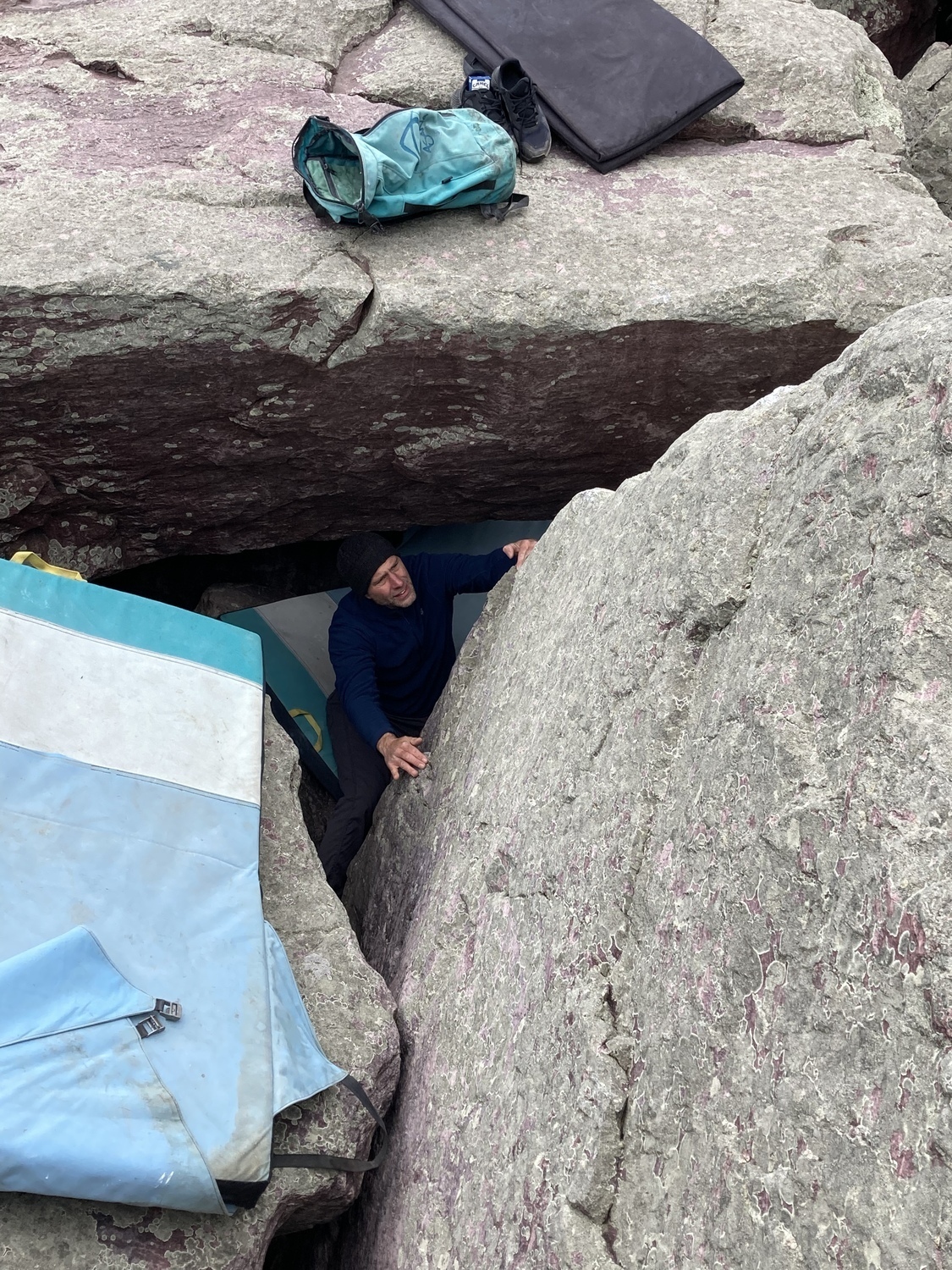 Mike low down on Slabby Slab boulder.