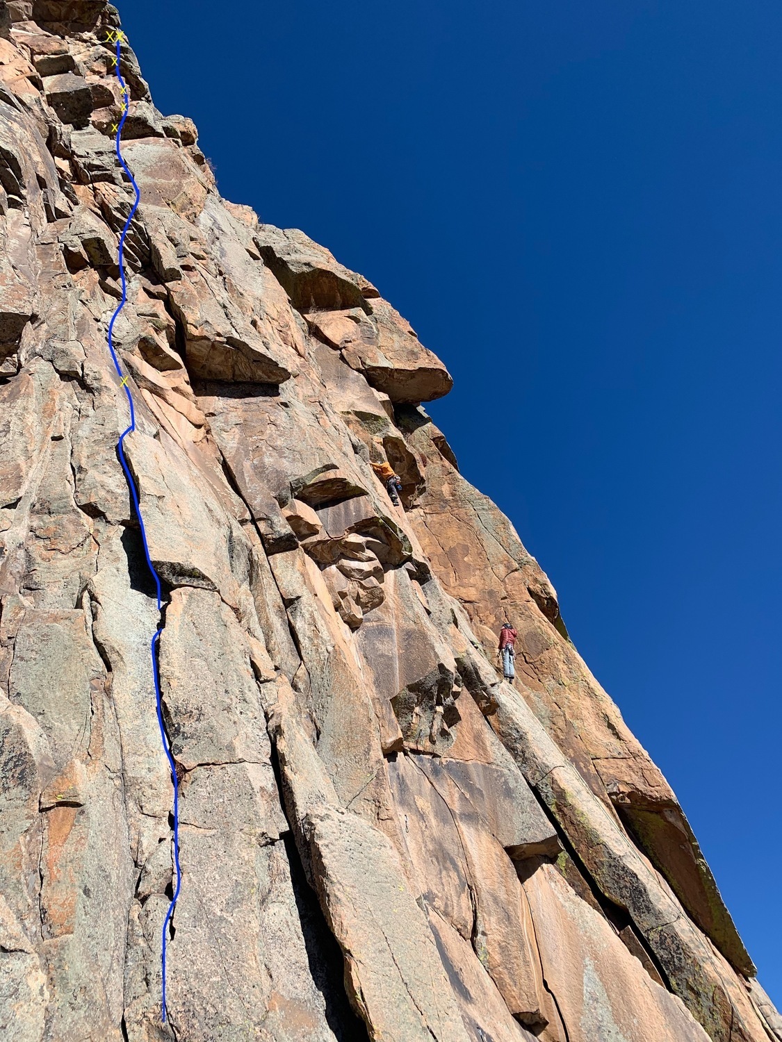 All Flaked out in blue. There are 2 lead bolts per pitch.