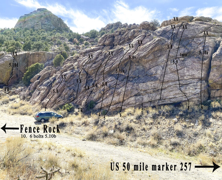 The rock with routes.