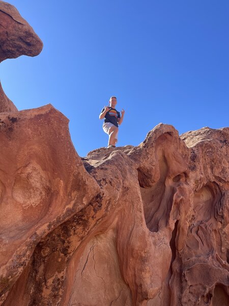 Peter topping out a fun pockmarked boulder. Check the rock before you ...