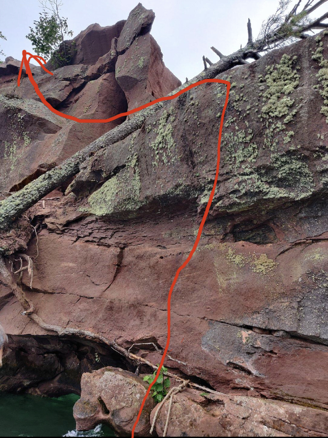 Water start, onto a small ledge. A few moves gets you to the big ledge ...