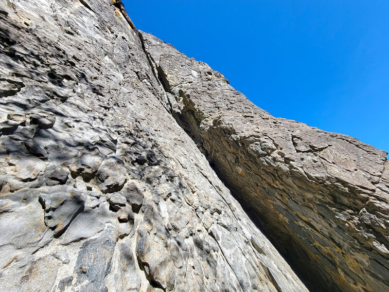 The unique, highly-featured chimney as seen from the ground.
