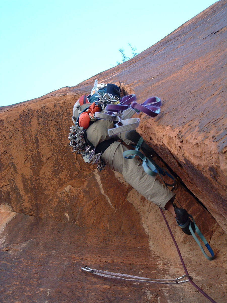 Going out the roof on P3. Bring a belay seat if your partner isn't ...