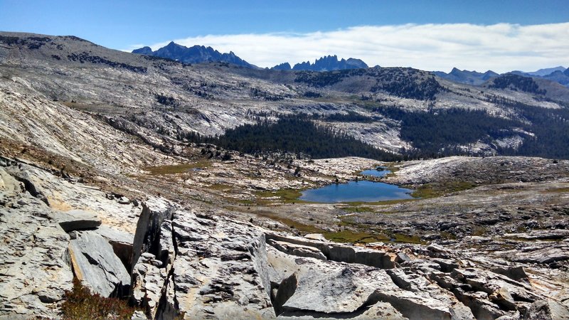 View east from Isberg Pass of the Ritter Range and the Minarets peaking ...