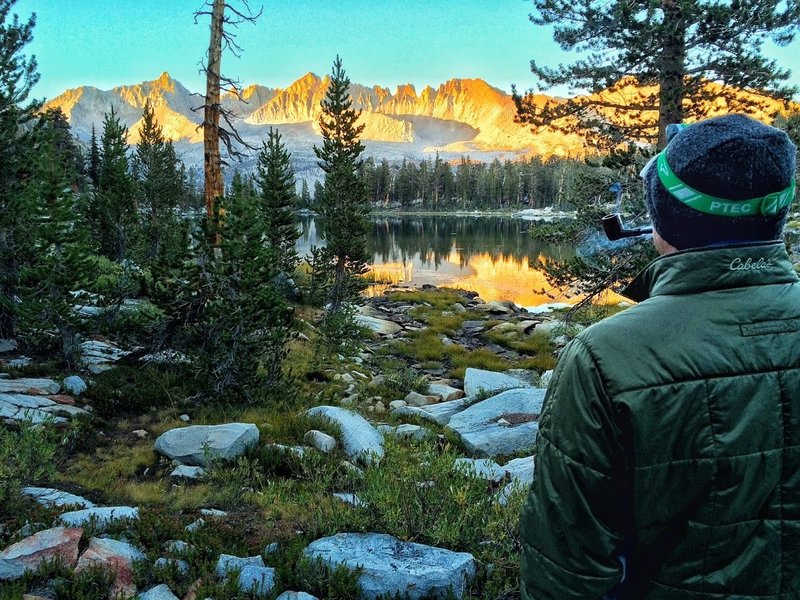 Upper Little Five Lakes watching the sunset reflect off of the Kaweahs.